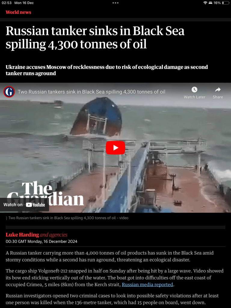 Russian crude tanker sinks; video shows oil swooshing about in ocean ...